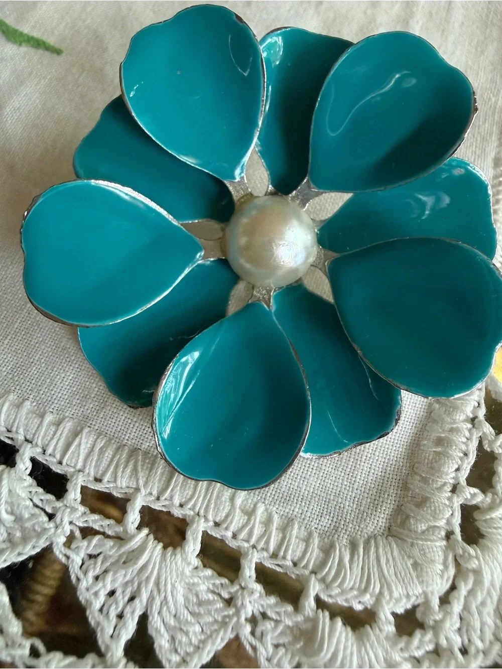 Jewelry | Vintage Teal Enamel Flower Brooch With Pearl Center | Poshmark